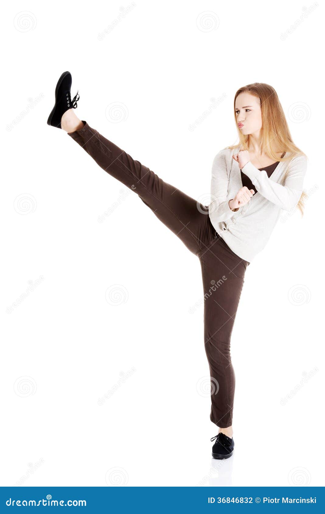 Beautiful Casual Woman Doing a Kick. Stock Photo - Image of kicking ...