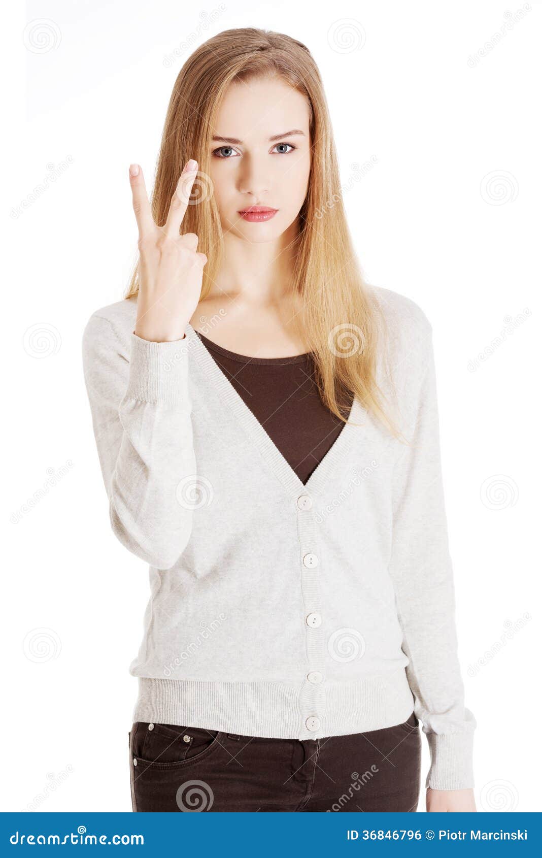 Beautiful Casual Woman Is Showing Victory Sign Two Fingers Stock