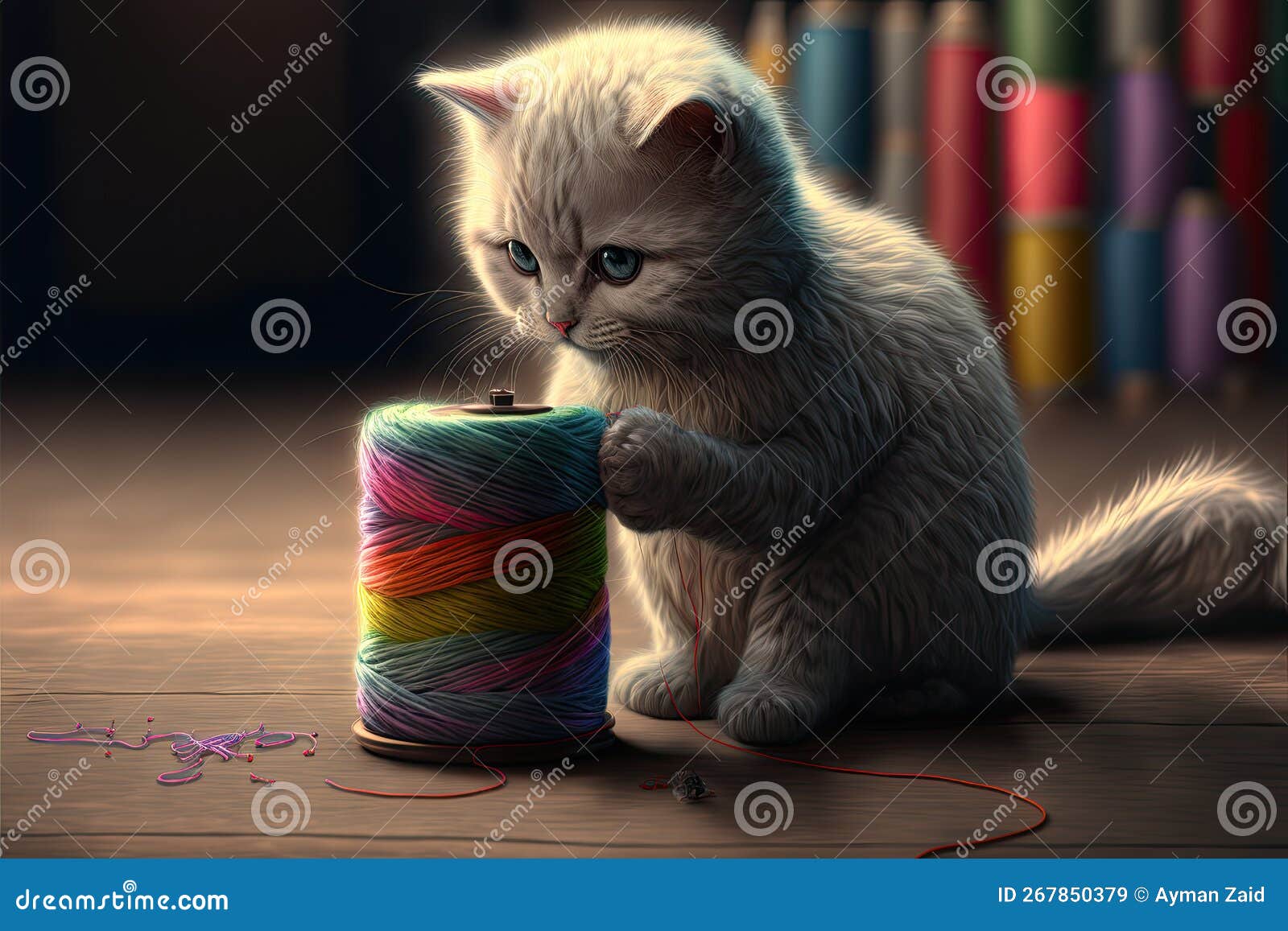 Cat Playing with a Spool of Thread Stock Illustration - Illustration of ...