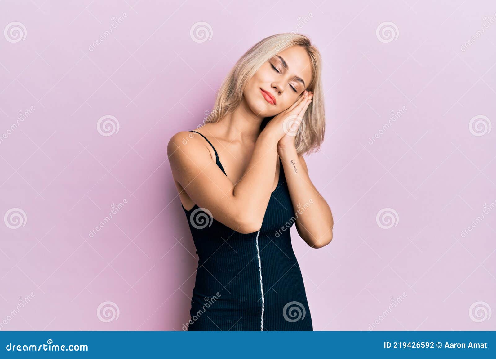 Beautiful Caucasian Blonde Girl Wearing Party Dress Sleeping Tired