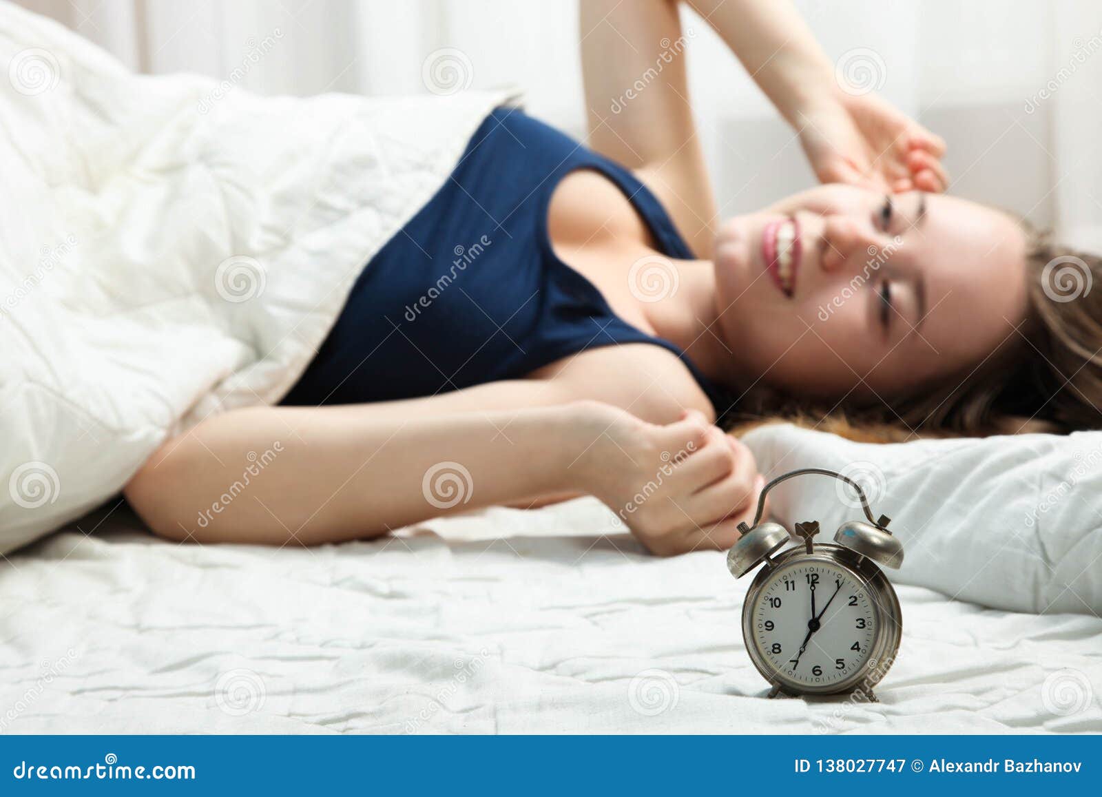 Girl Wakes Up Early With Alarm Clock Stock Image Image Of Background