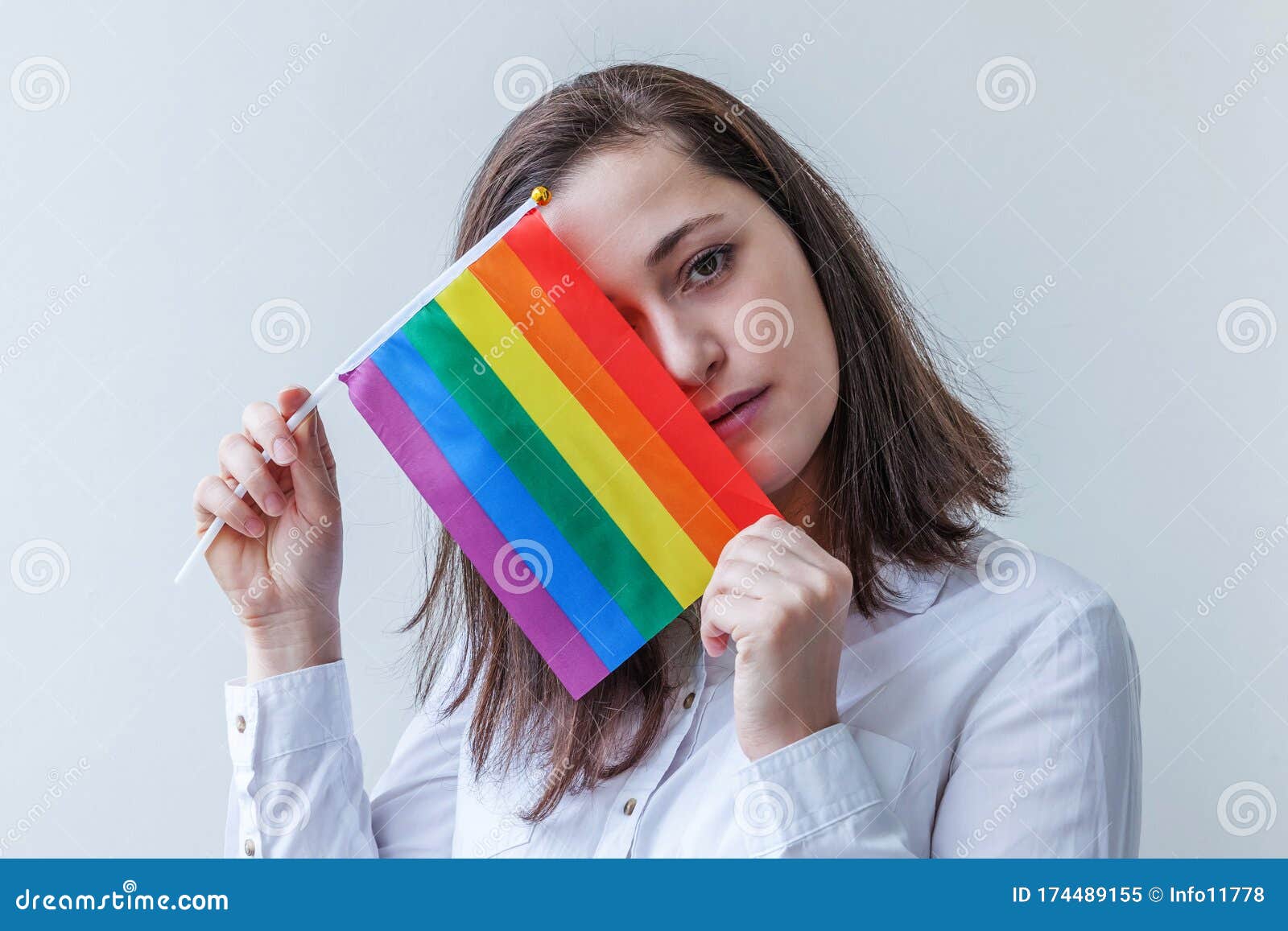 Beautiful Caucasian Lesbian Girl With Lgbt Rainbow Flag Isolated On