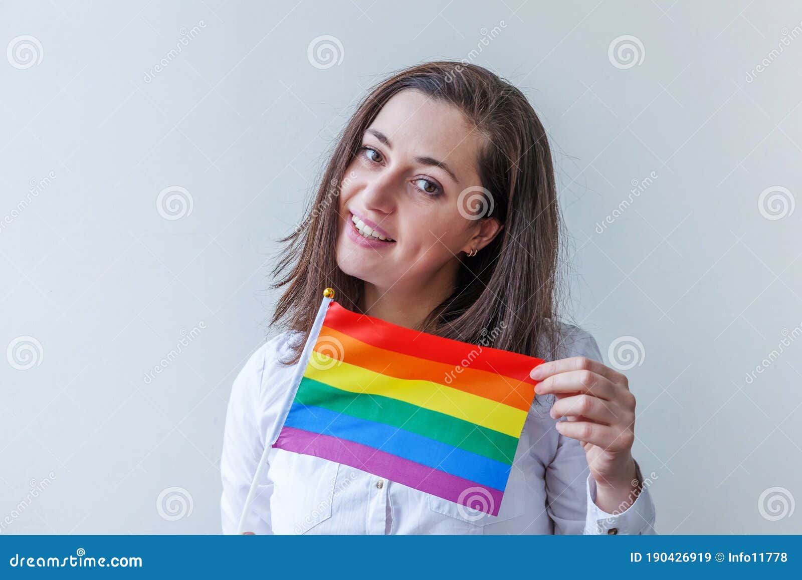 Beautiful Caucasian Lesbian Girl With Lgbt Rainbow Flag Isolated On