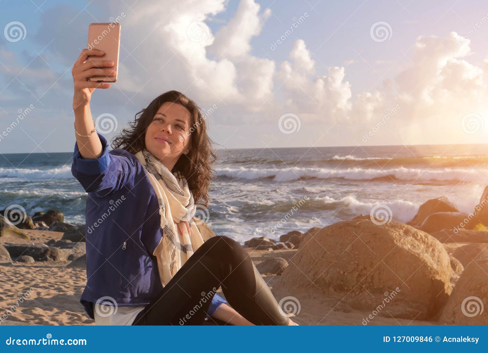 Beautiful Caucasian Woman Taking Selfie On Smartphone On Beach Stock