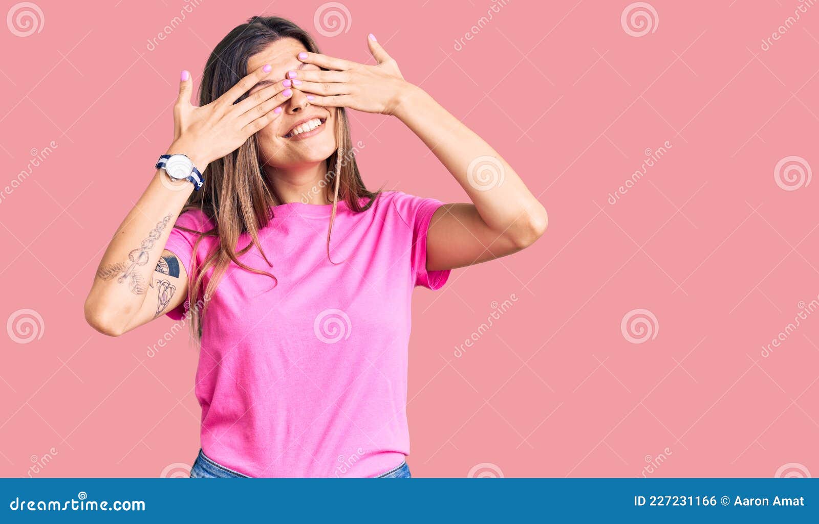 Beautiful Caucasian Woman Wearing Casual Clothes Covering Eyes With