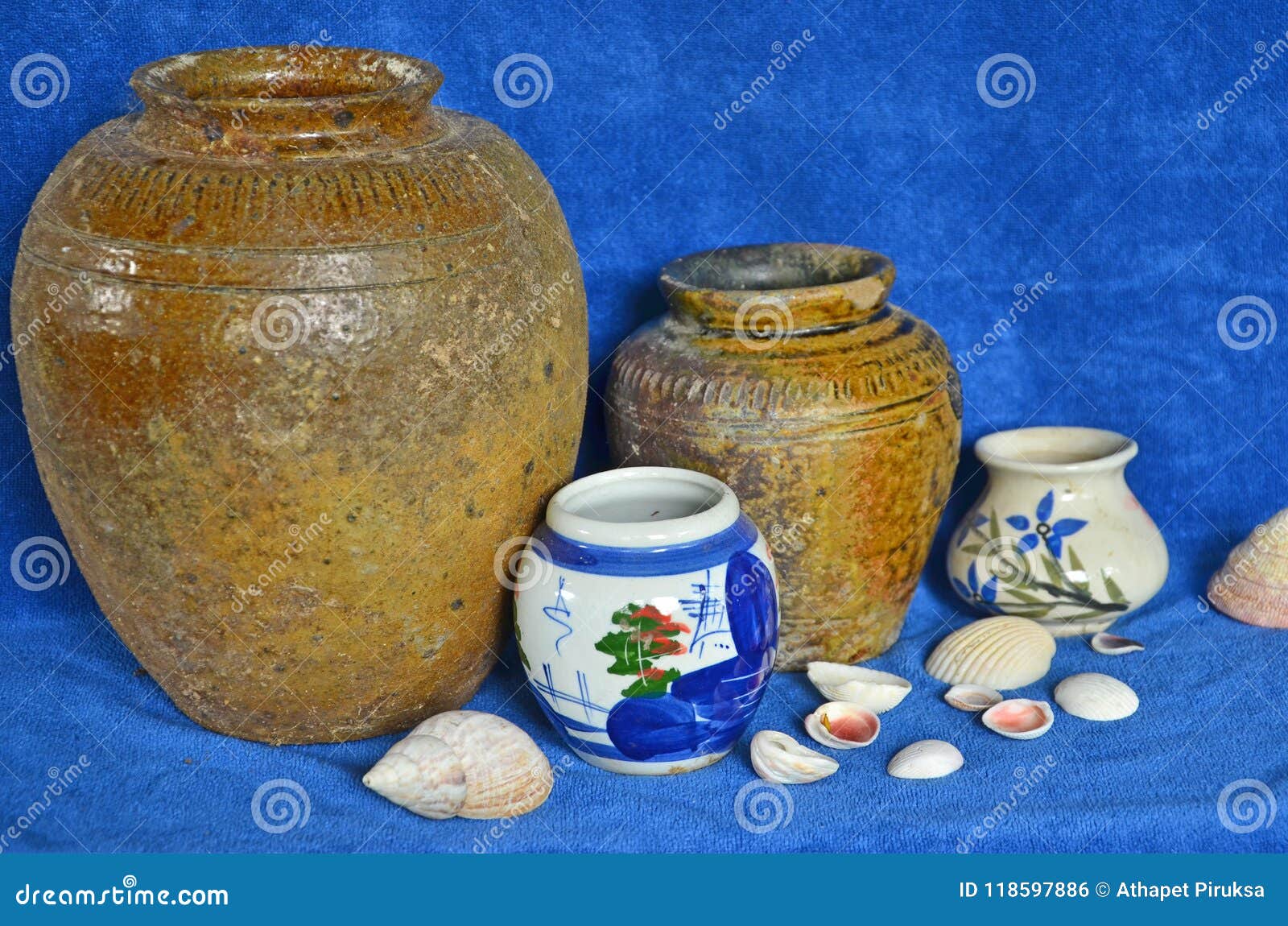 Beautiful Ceramic Pots and Jars with Shells Stock Photo - Image of ...