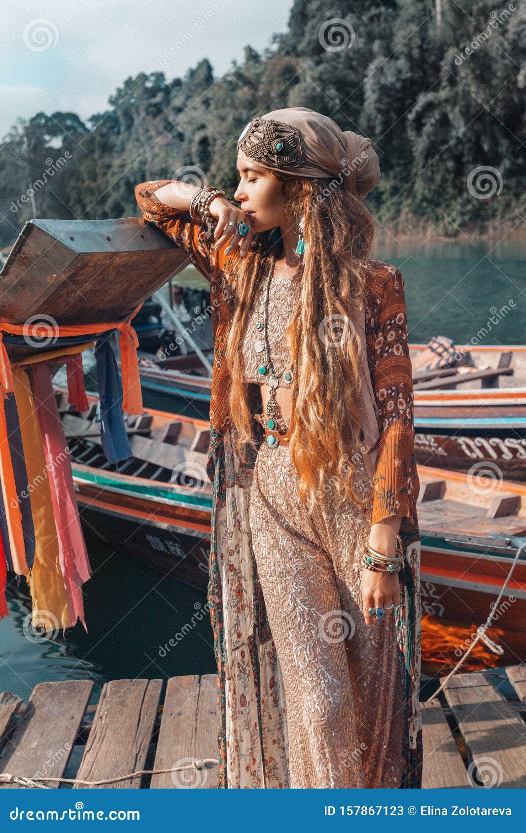 Beautiful Cheerful Boho Model at the Boat at Sunset Stock Image - Image ...