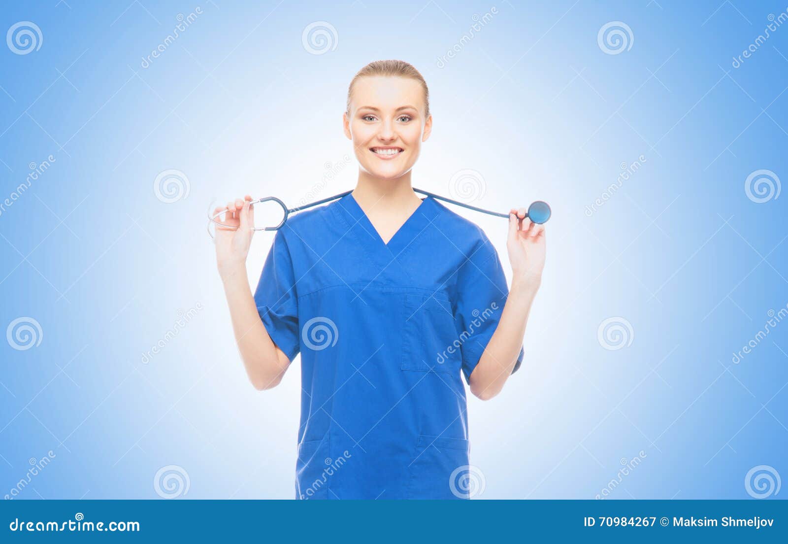 Beautiful and Cheerful Intern with Stethoscope on Blue Background ...