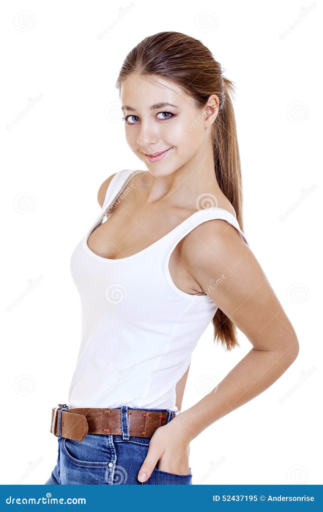 Beautiful Cheerful Teen Girl In Blue Jean Shorts Stock Image Image Of Jeans Copyspace 52437195