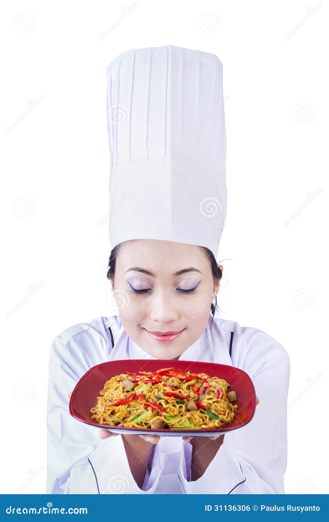 Beautiful Chef Serve Noodle on White Stock Photo - Image of fried ...