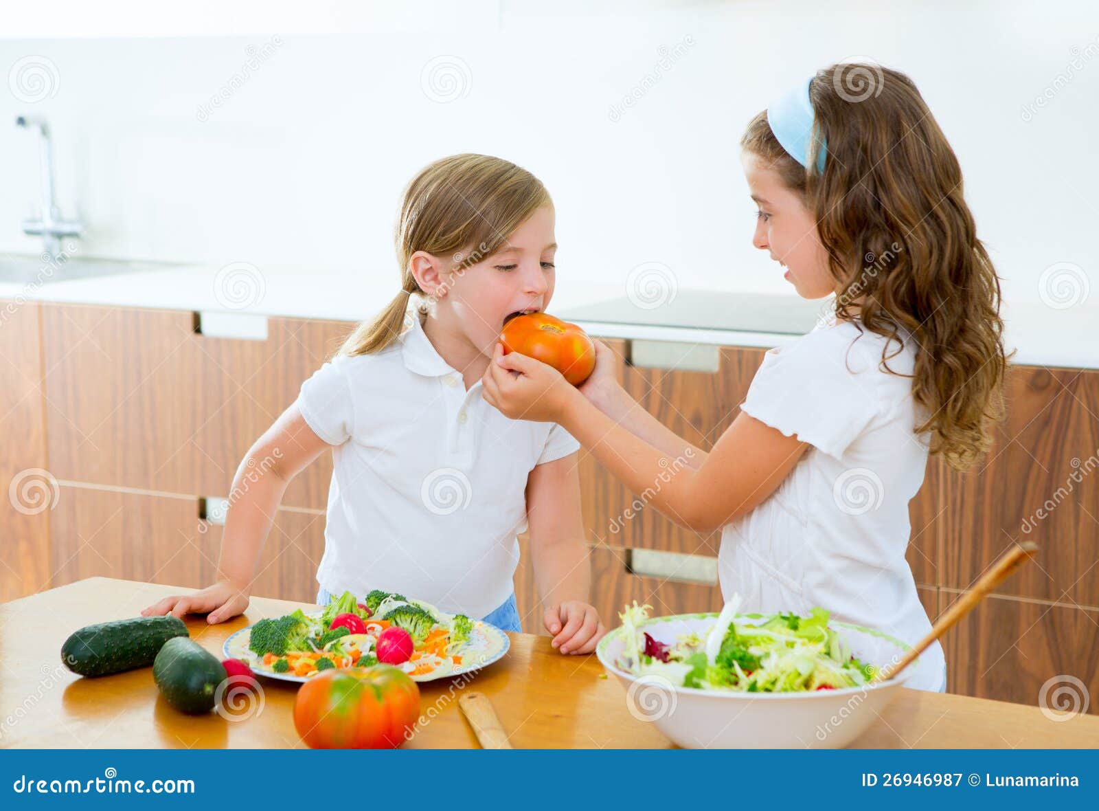 Beautiful Chef Sisters at Kitchen Preparing Salad Stock Image - Image ...