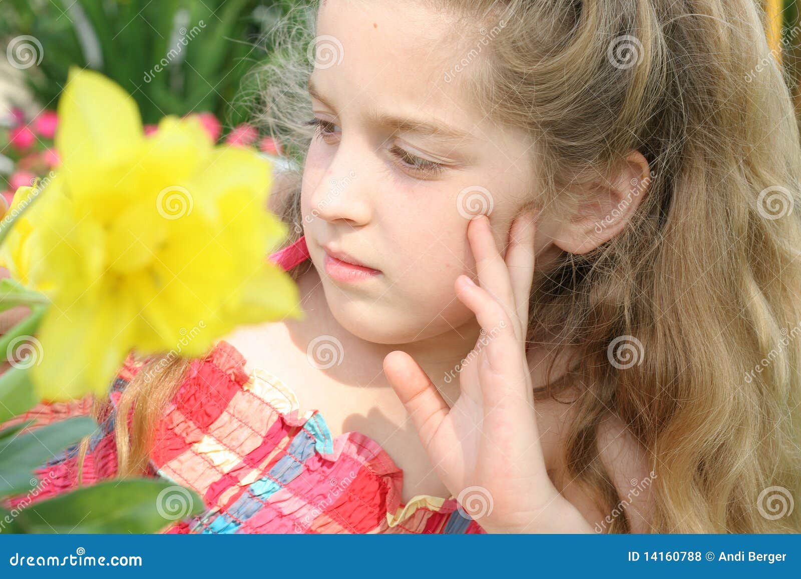 Beautiful Child Looking at Flowers Stock Photo - Image of pink, youth ...