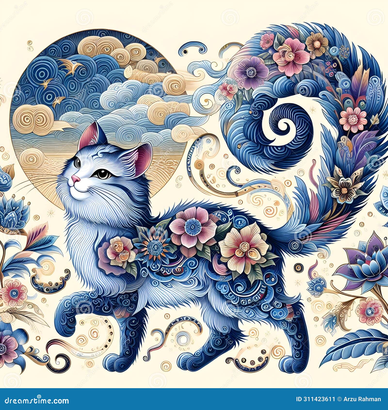 Beautiful Chinese Cat Artwork Stock Illustration - Illustration of ...