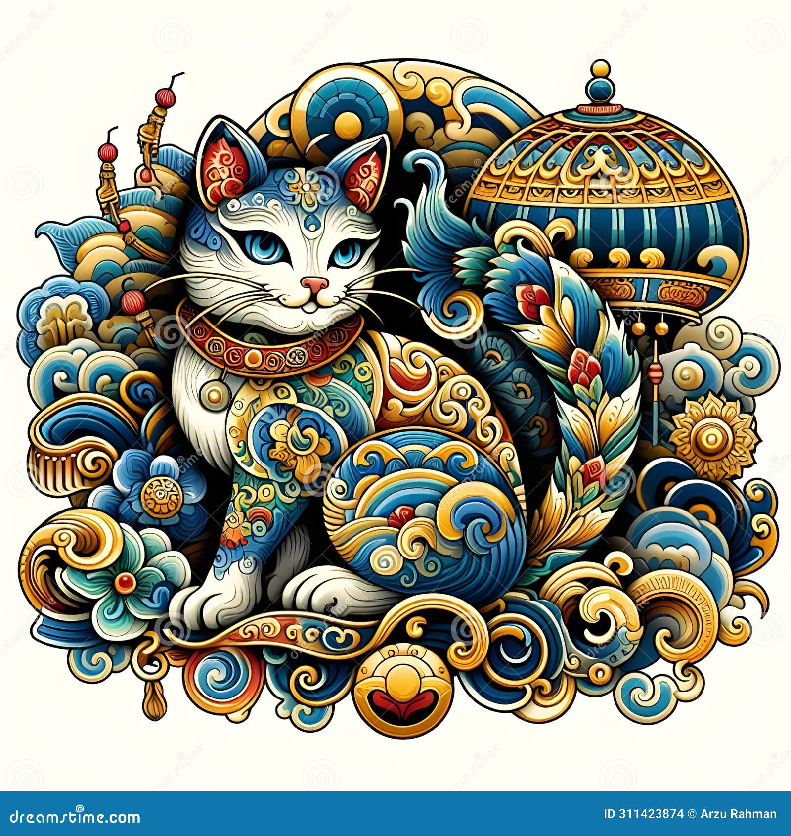 Beautiful Chinese Cat Artwork Stock Illustration - Illustration of ...
