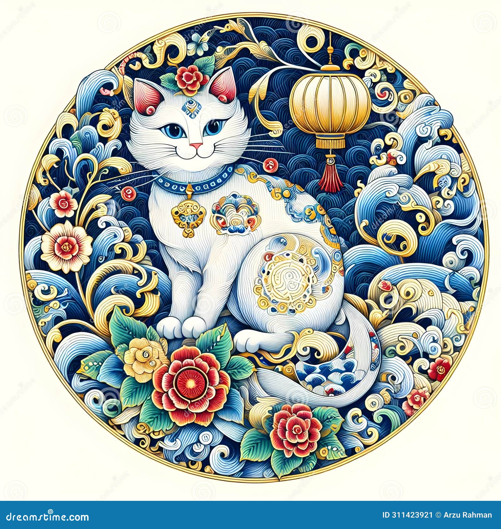 Beautiful Chinese Cat Artwork Stock Illustration - Illustration of ...