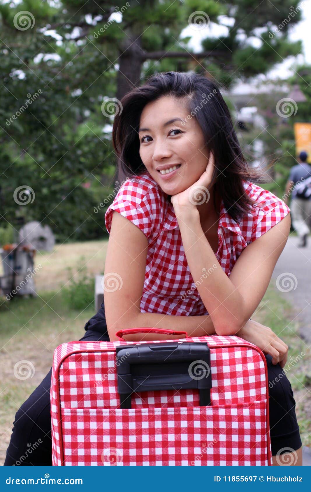 Beautiful Chinese Happily Waiting on Her Suitcase Stock Image - Image ...