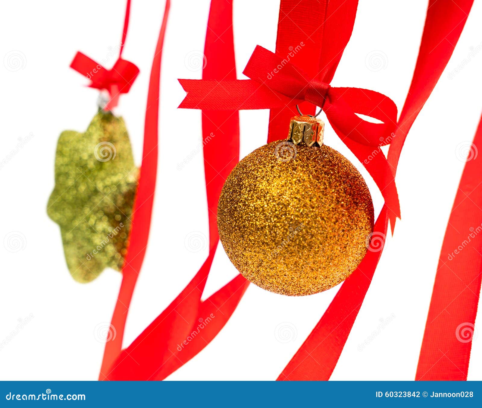 Beautiful Christmas Decorations with Shiny Red Ribbon on White Stock ...