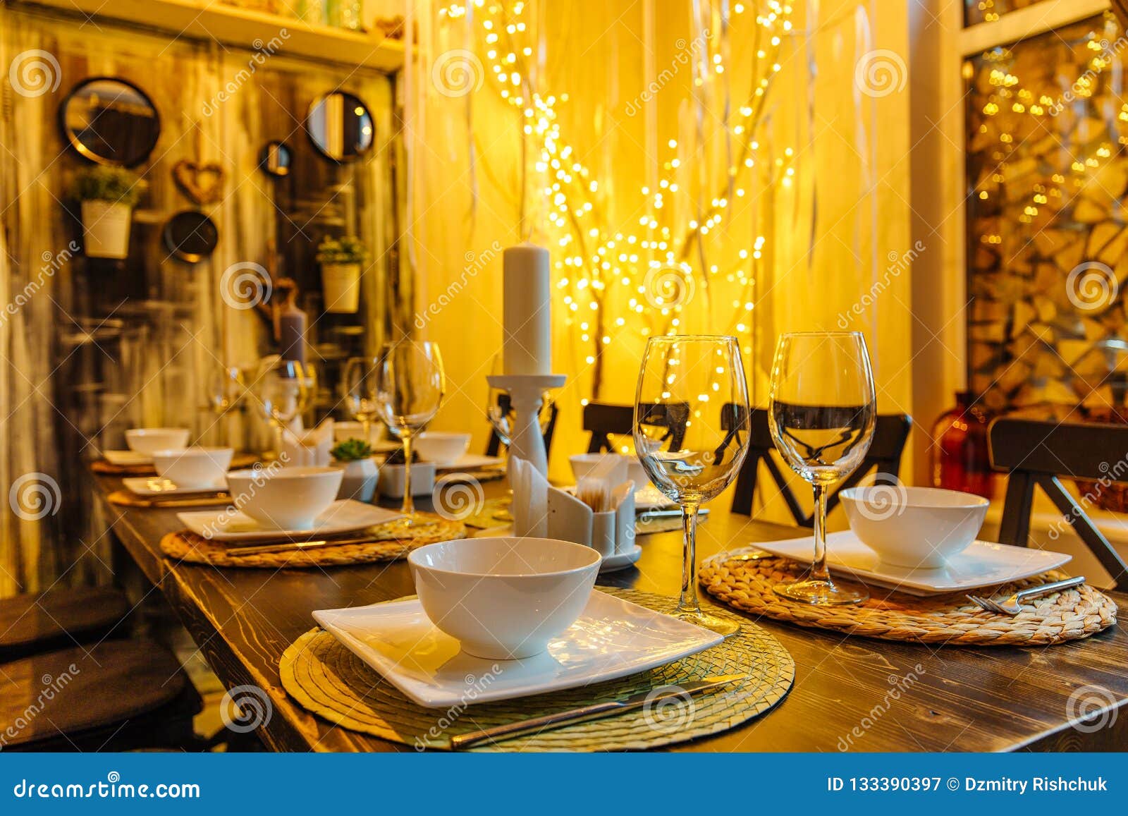 Beautiful Christmas Table Setting with Lights, Candle Stock Image ...