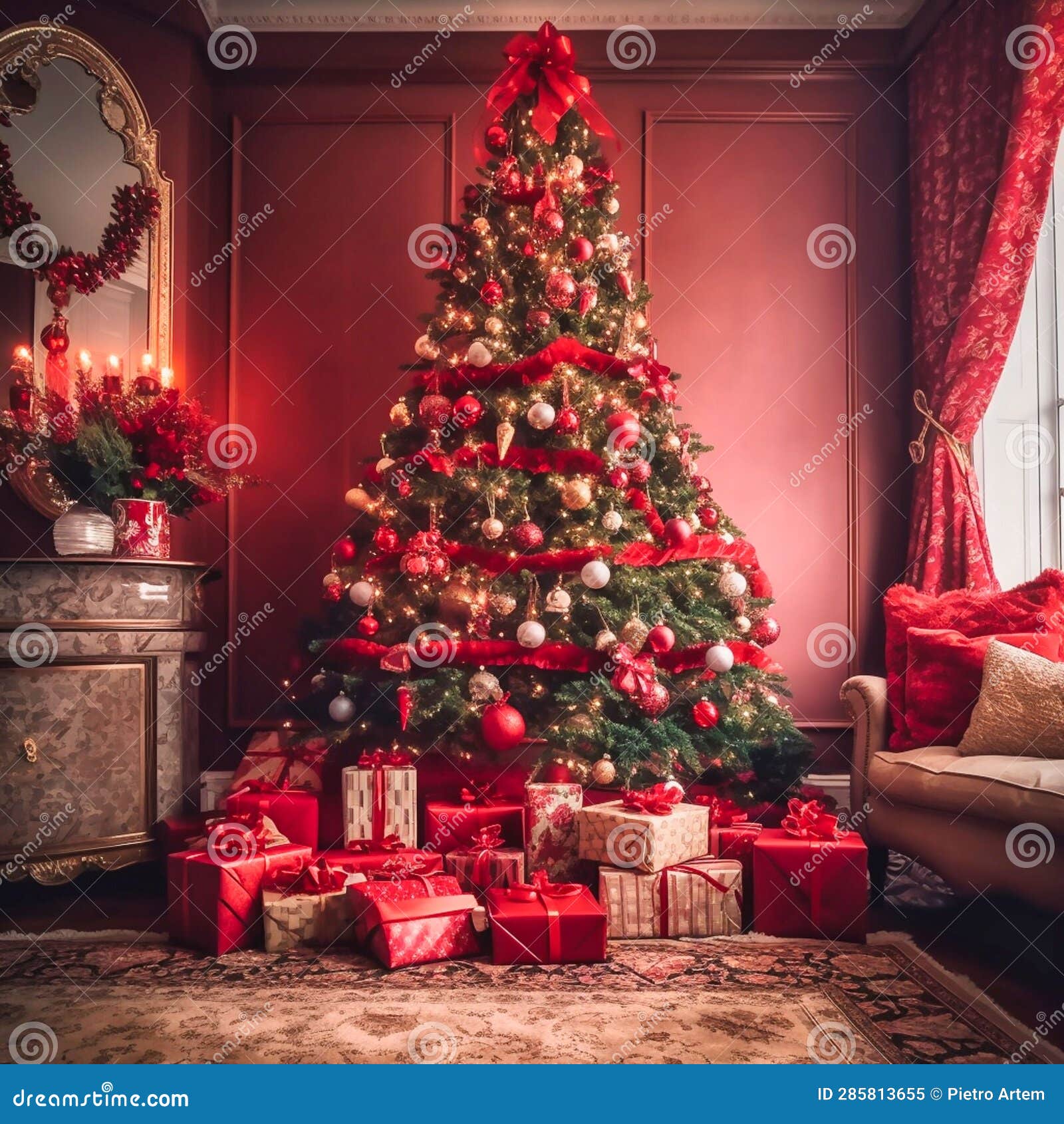A Beautiful Christmas Tree Dressed in Red Bows. Generative AI Stock ...