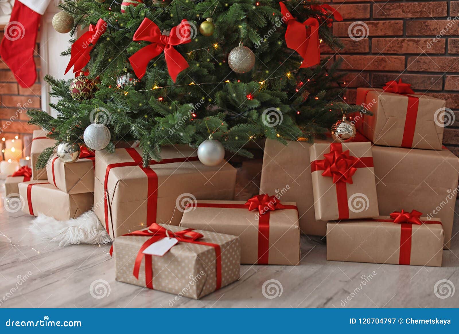 Beautiful Christmas Tree and Gift Boxes Stock Image - Image of ...