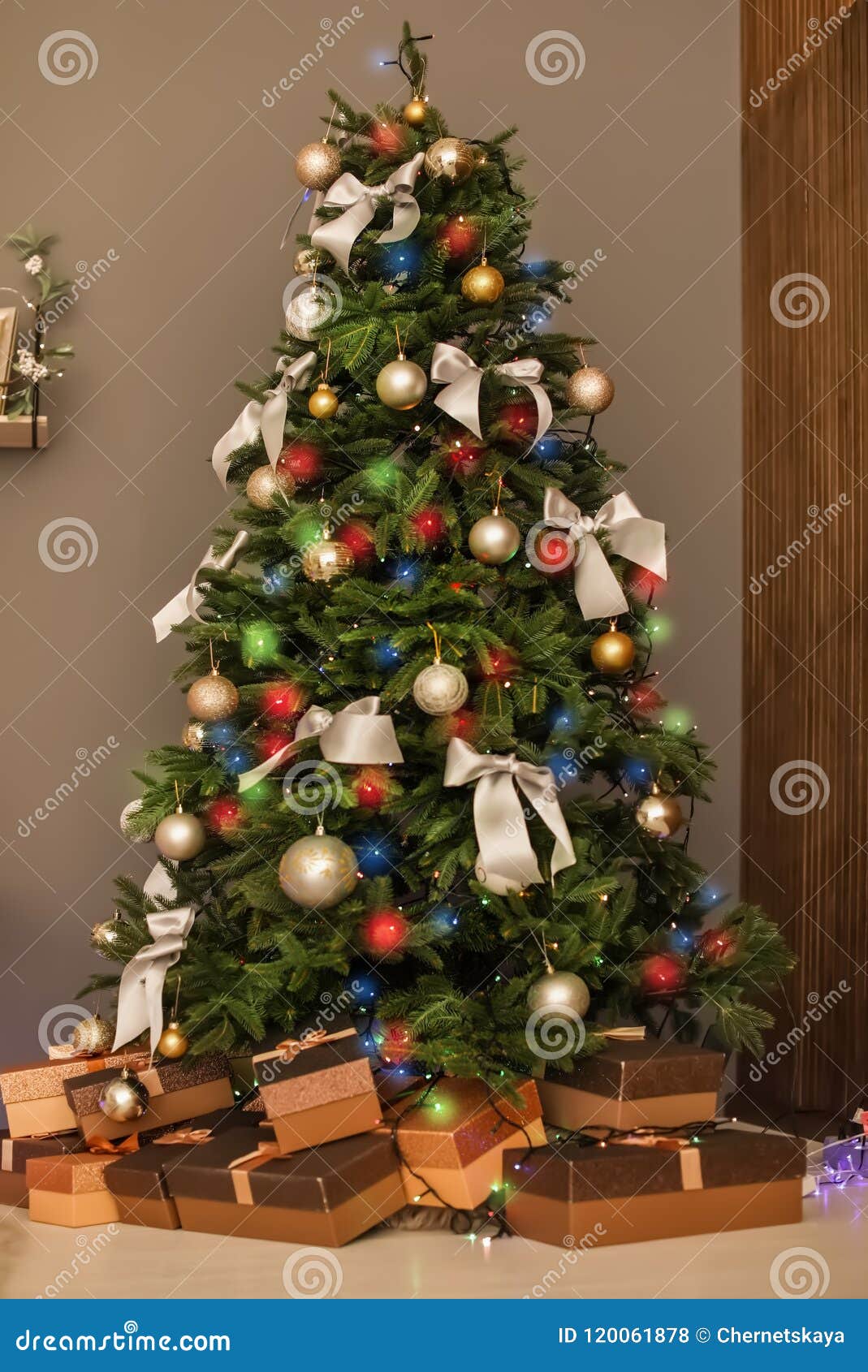 Christmas Tree and Gift Boxes in Room Stock Photo - Image of festive ...