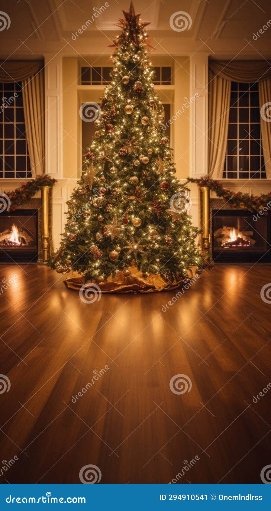 Beautiful Christmas Tree in Living Room with Fireplace and Christmas ...