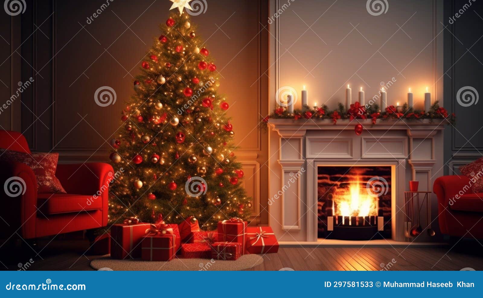 Beautiful Christmas Tree in Living Room with Fireplace and Christmas ...