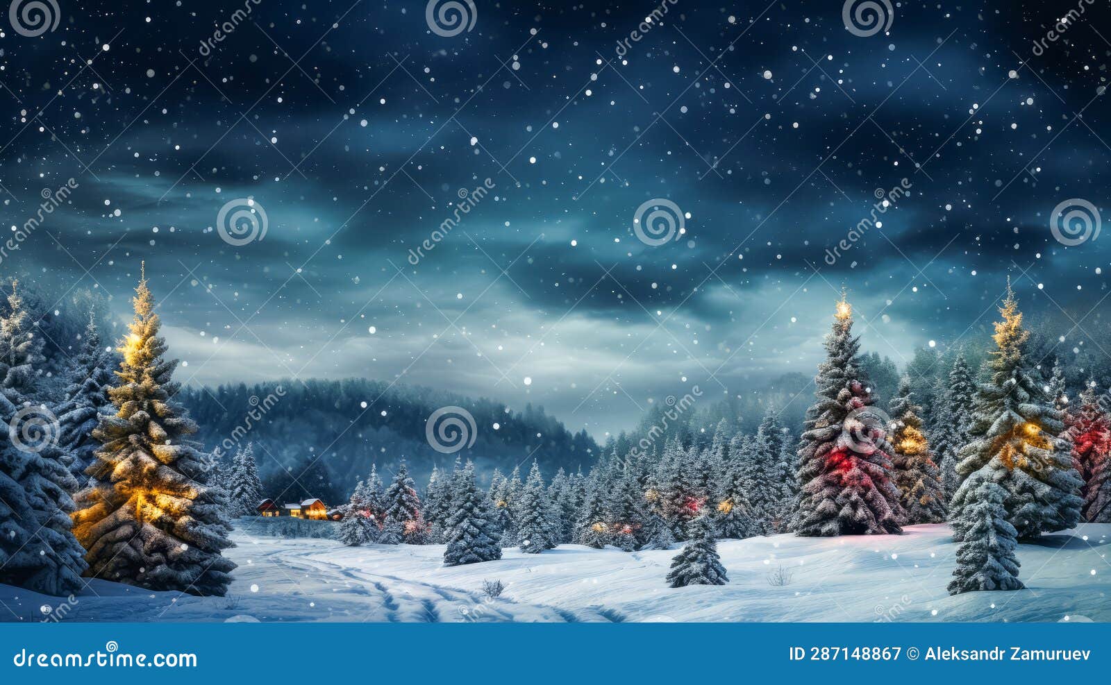Beautiful Christmas Tree in Winter Landscape, Illustration. Space for ...