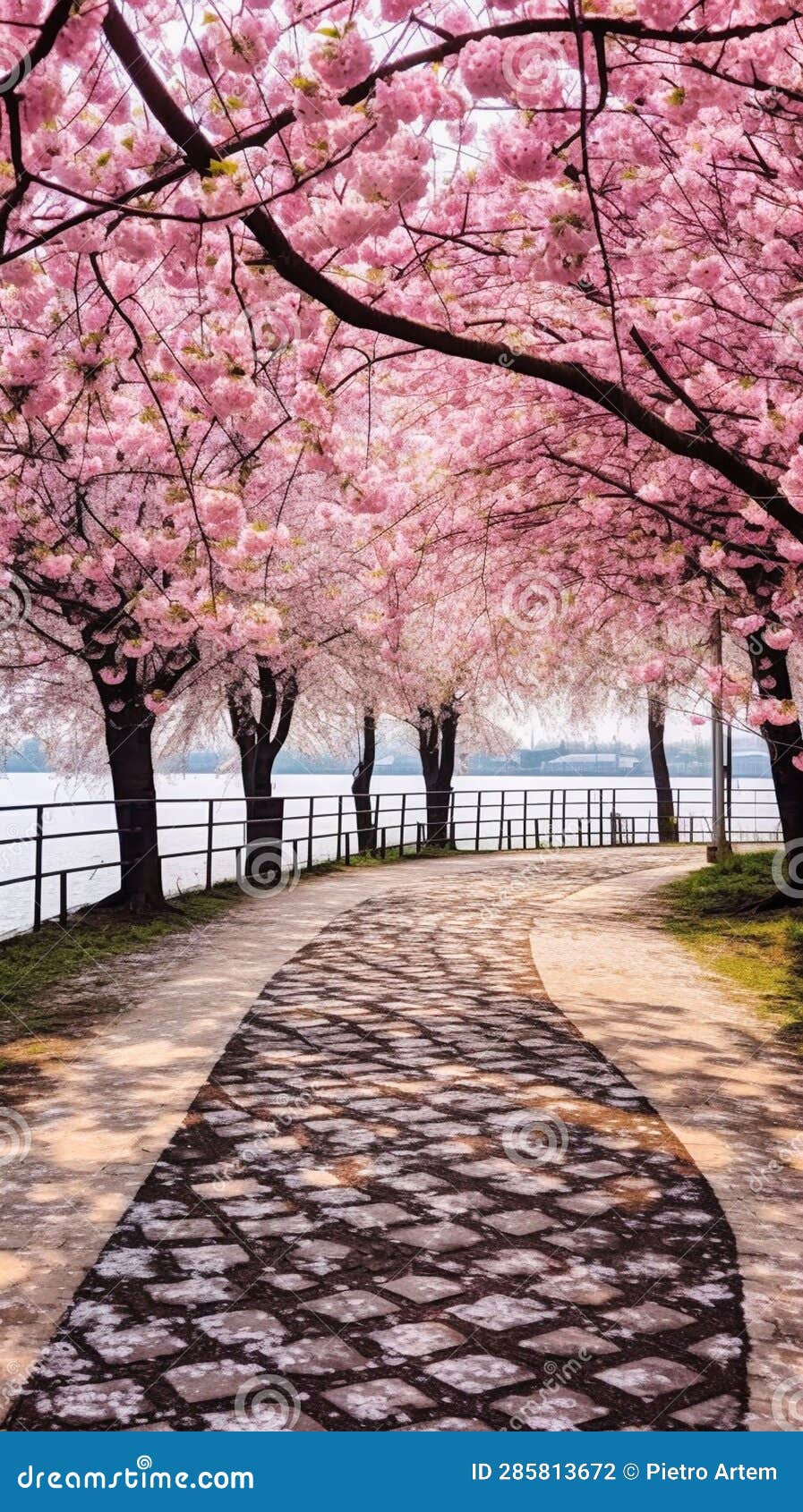 A Beautiful Circular Path in the Park Made of One Cobblestone. Cherry ...