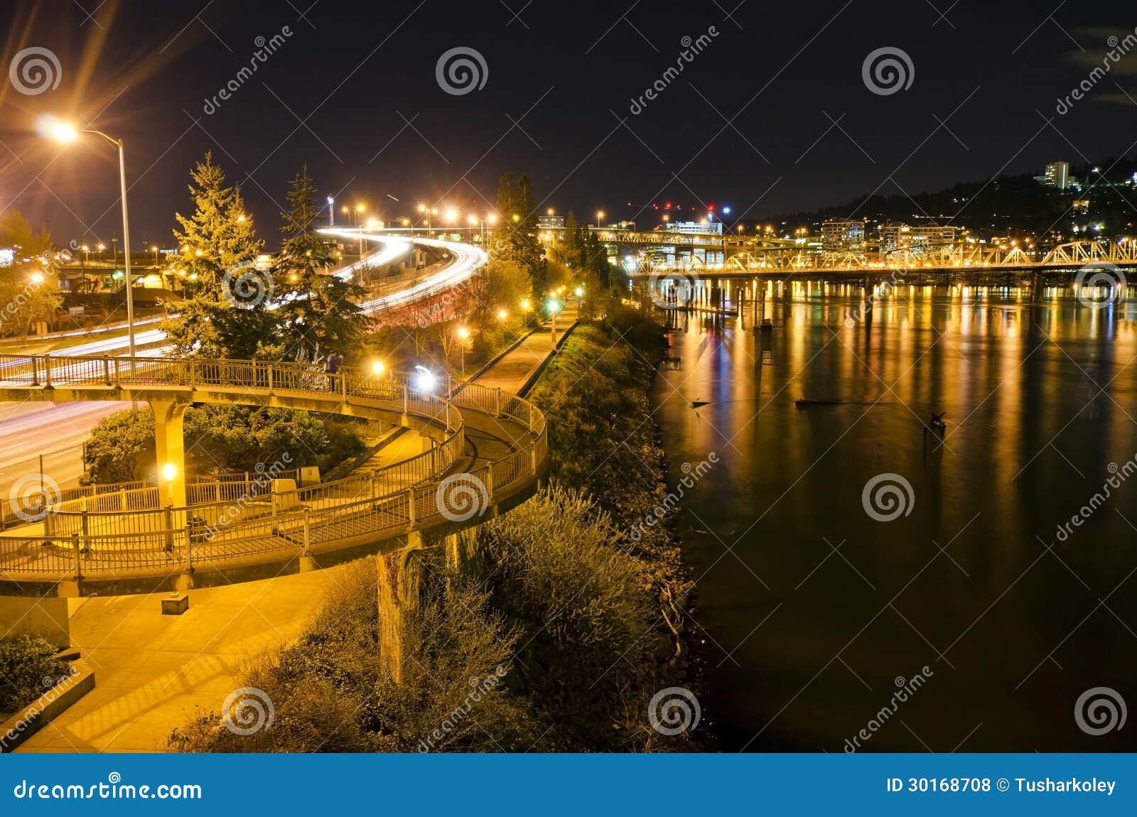 Circular Walkway and City View in Night Time Stock Photo - Image of ...