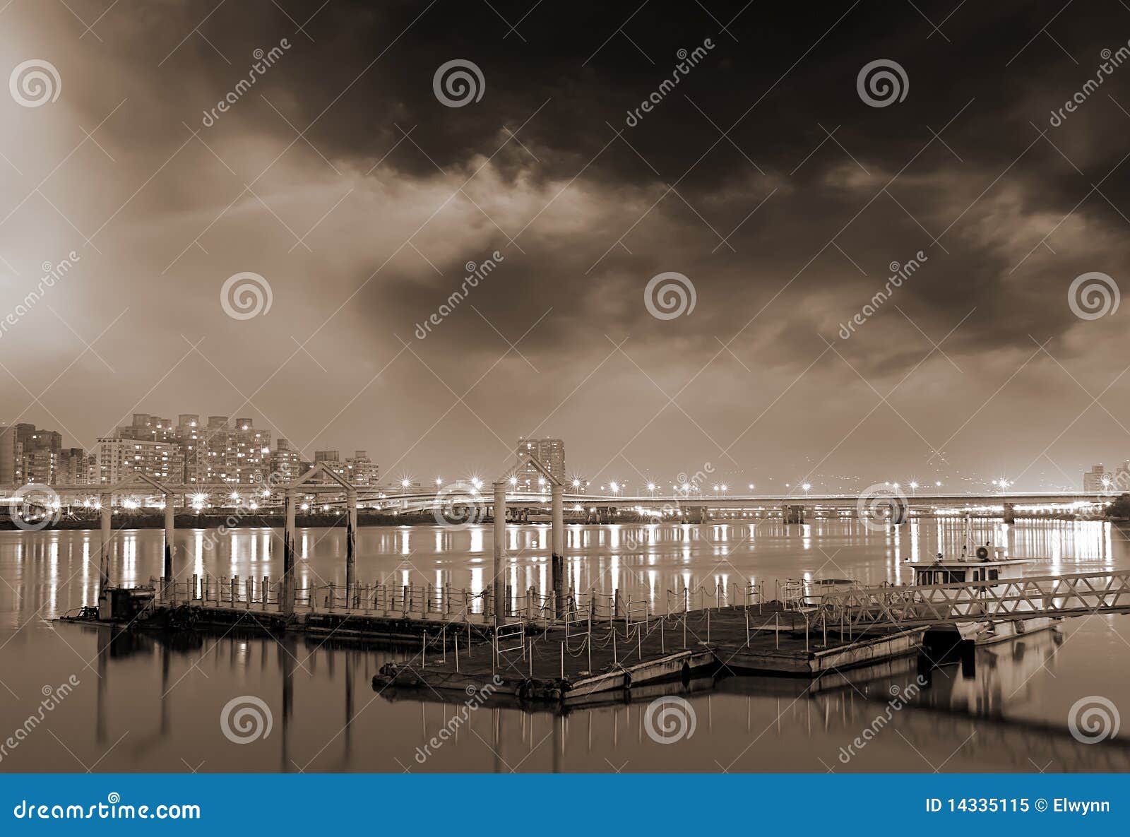 Beautiful City Night Scenes of Dock and Apartments Stock Image - Image ...
