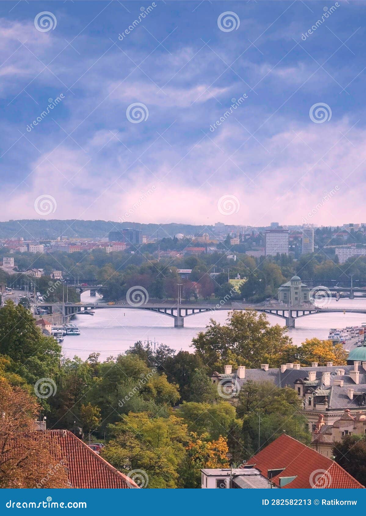 Beautiful City View with River and Bridge in Daytime Stock Image ...