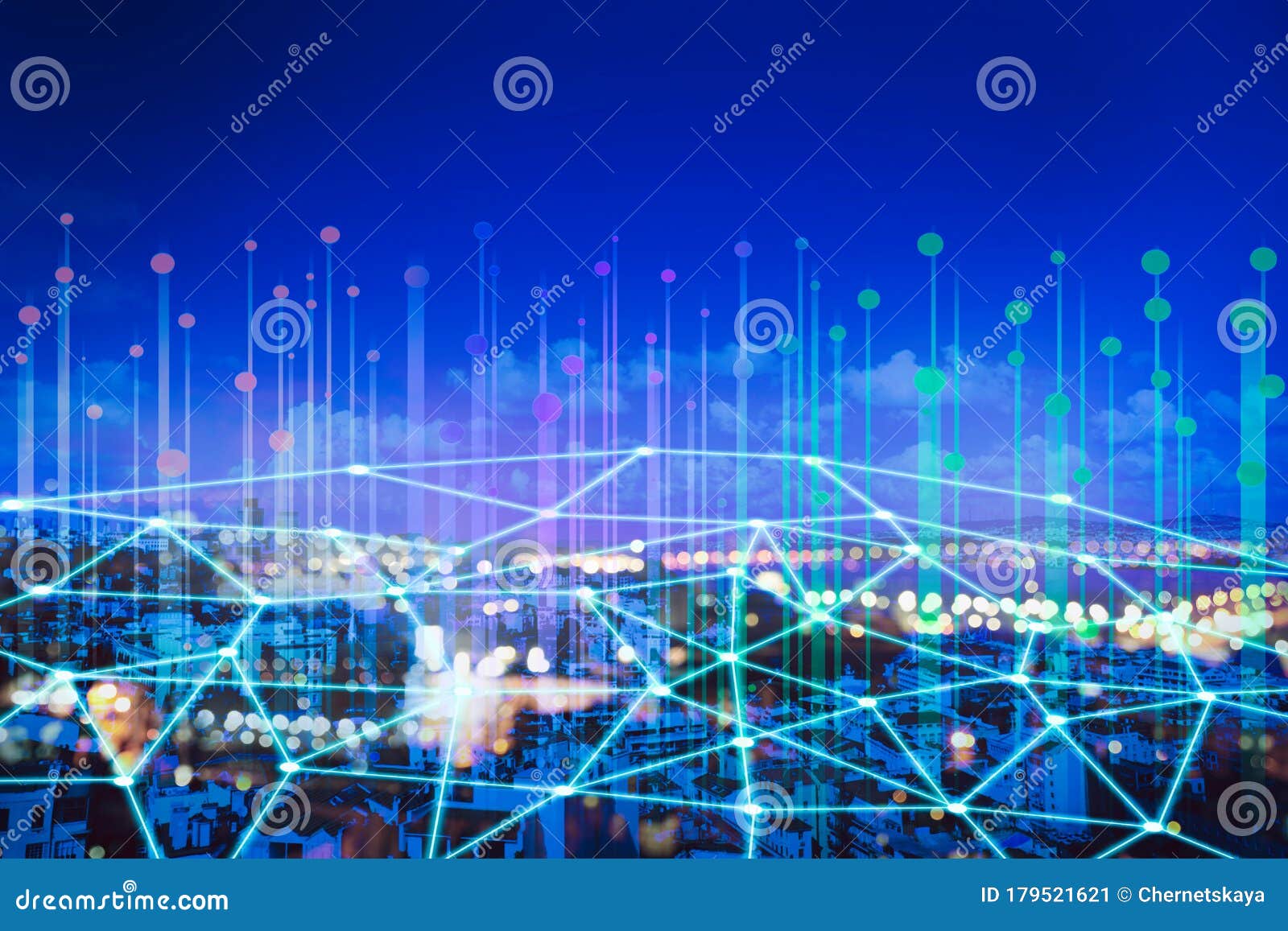 Cityscape and Network Connection Lines Stock Image - Image of night ...