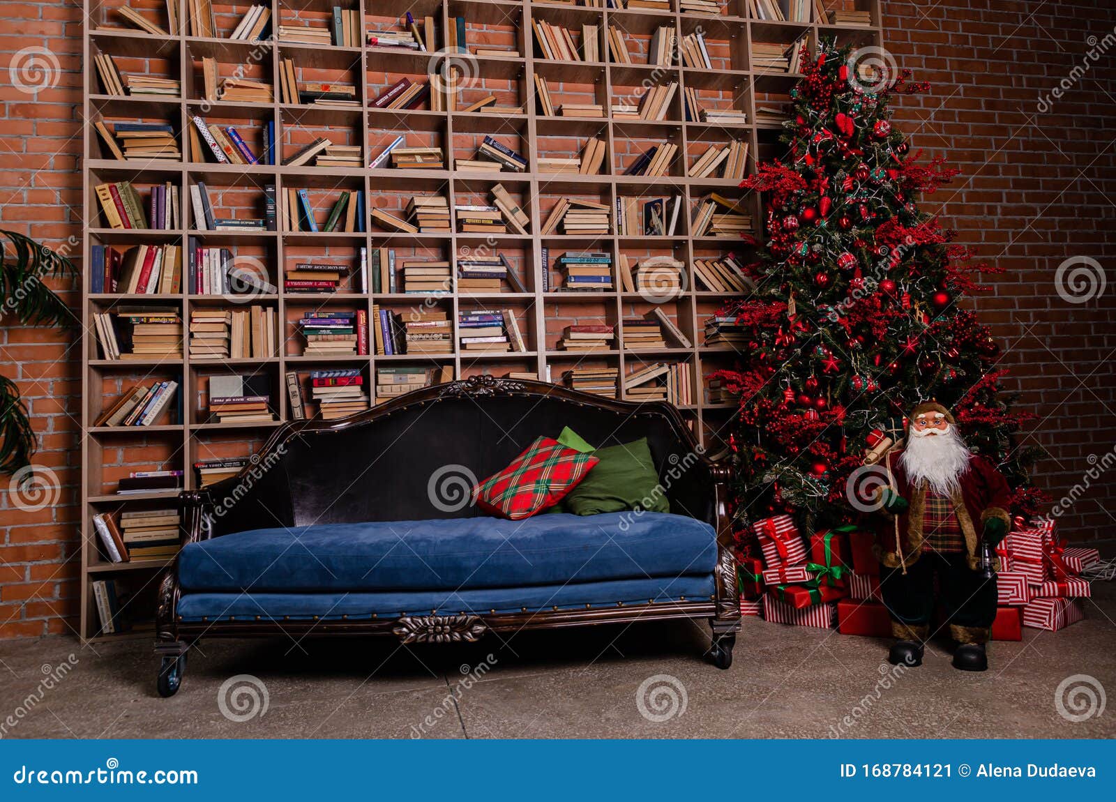 Beautiful Classic Library with a Large Blue Sofa Stock Image - Image of ...