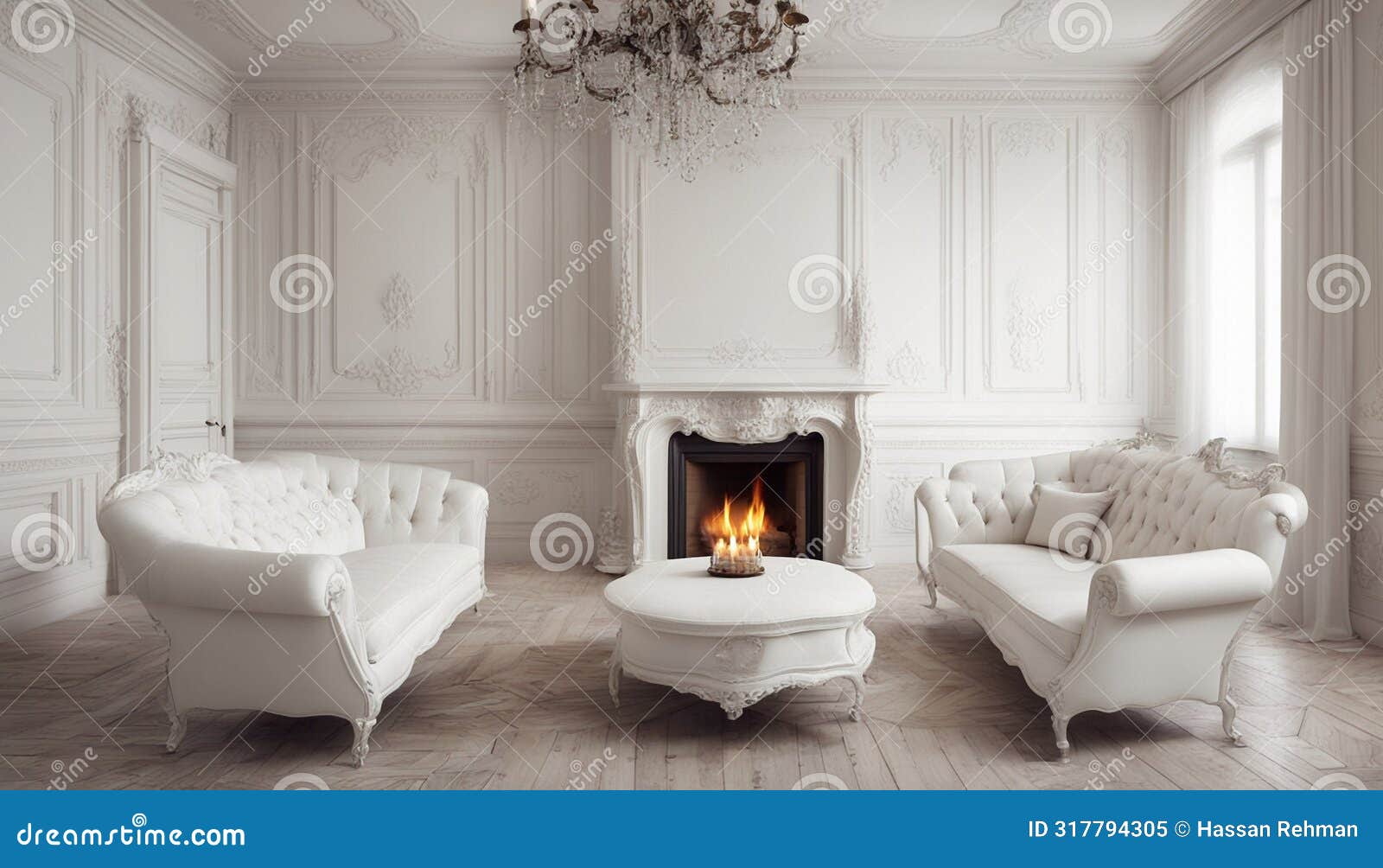 Beautiful Classical White Interior With A Fireplace, A Sofa And A ...