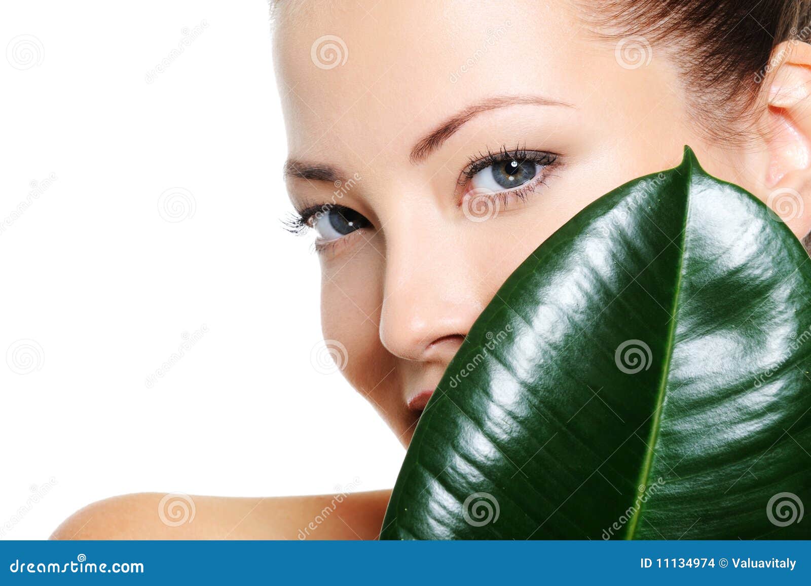Beautiful Clean Woman S Face Behind the Leaf Stock Photo - Image of ...
