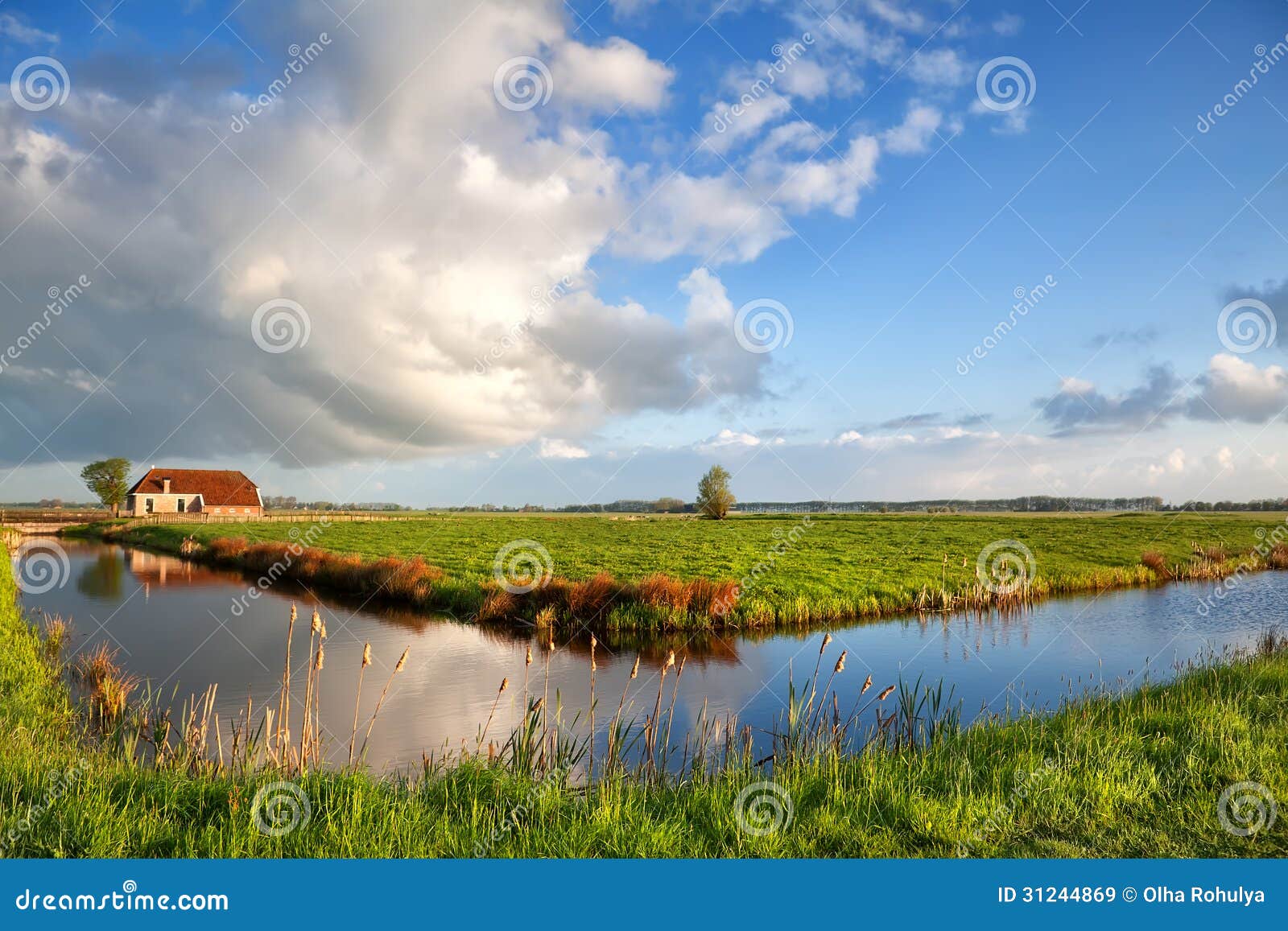 Beautiful Clouds Over Farmhouse and River Stock Image - Image of ...