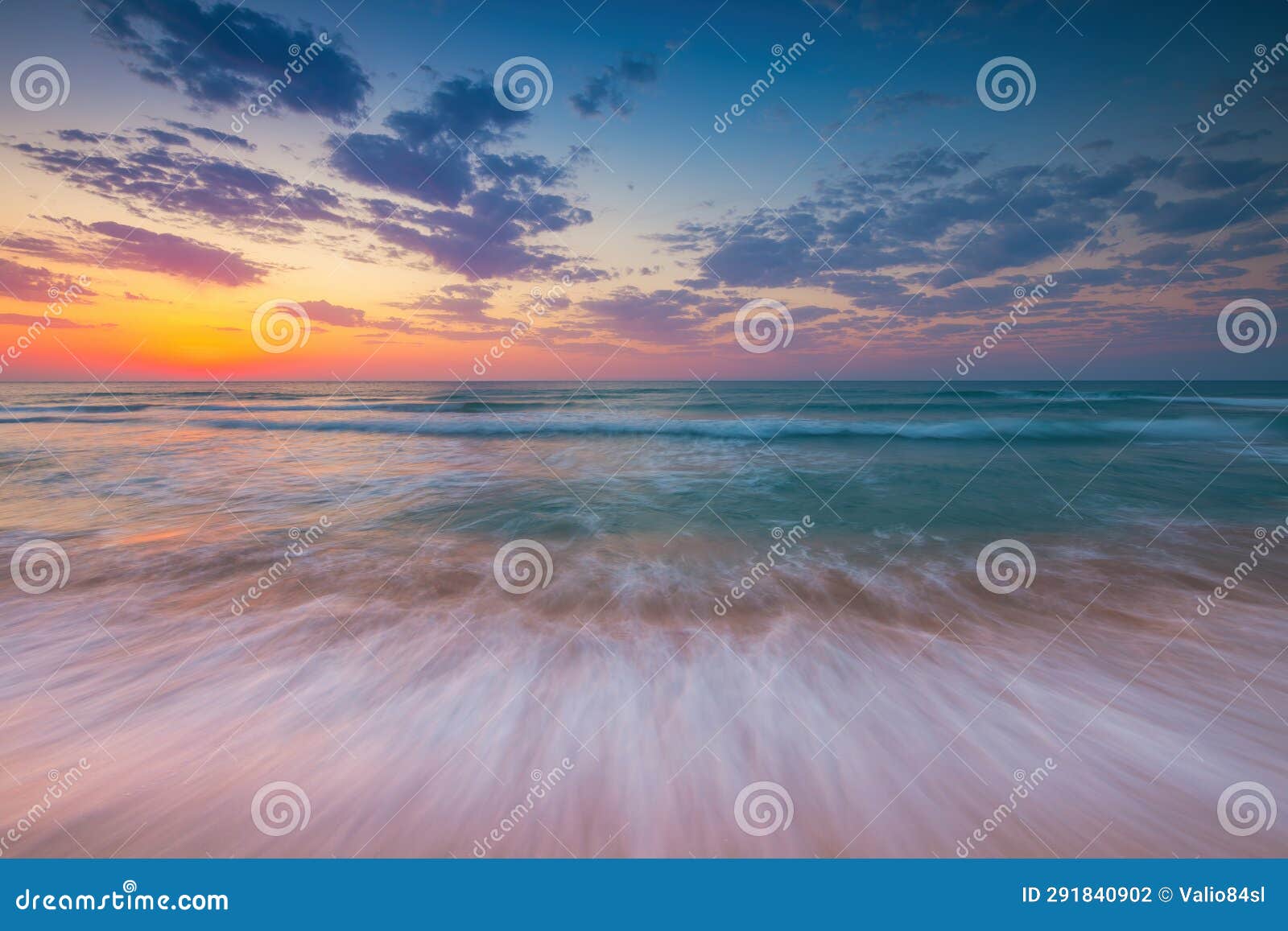 Ocean Sunrise Over Beach Shore and Waves. the Sun is Rising Up Over Sea ...