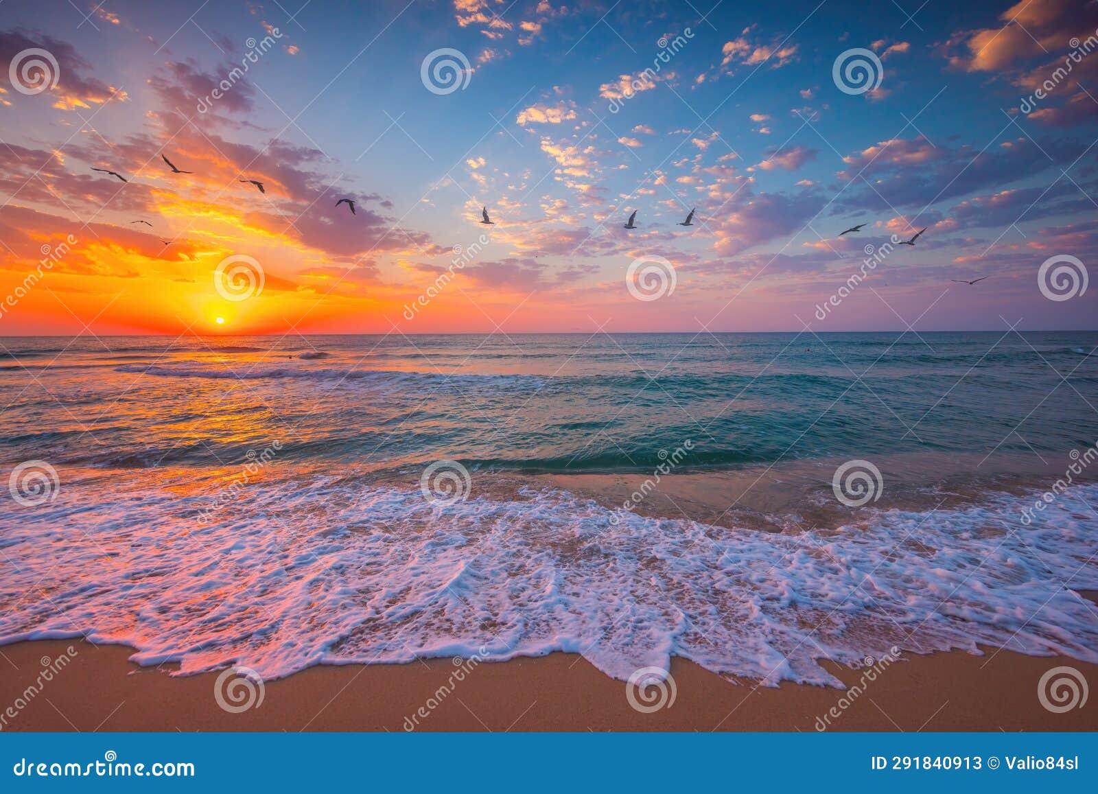 Ocean Sunrise Over Beach Shore and Waves. the Sun is Rising Up Over Sea ...