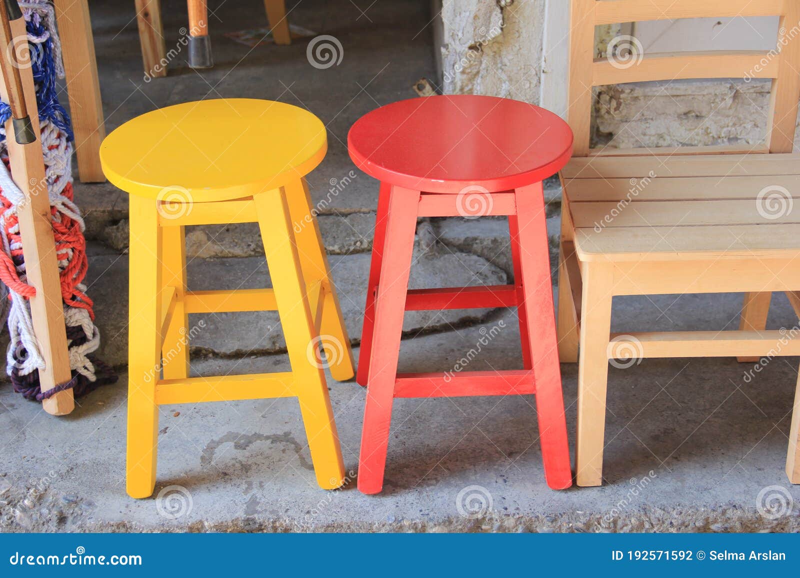 Beautiful and Colorful Wooden Stools Stock Photo - Image of outdoor ...