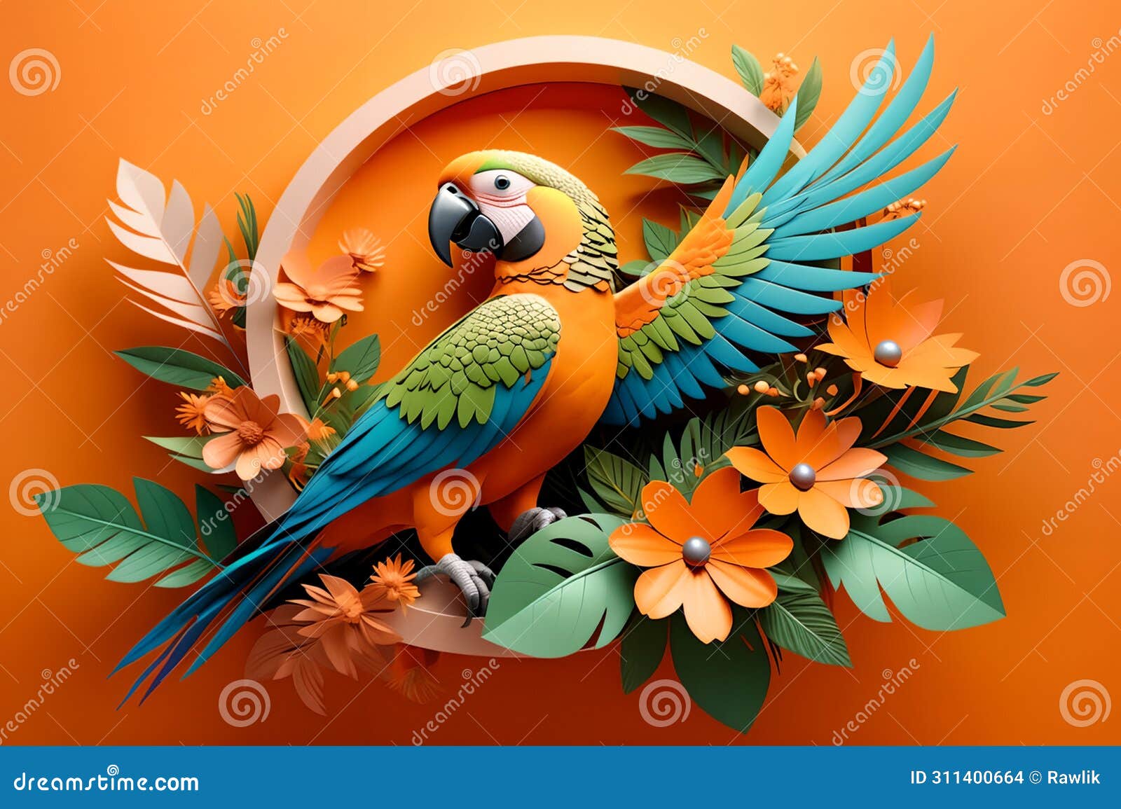 A Beautiful Colored Parrot Sits On A Branch With Flowers 3d Stock