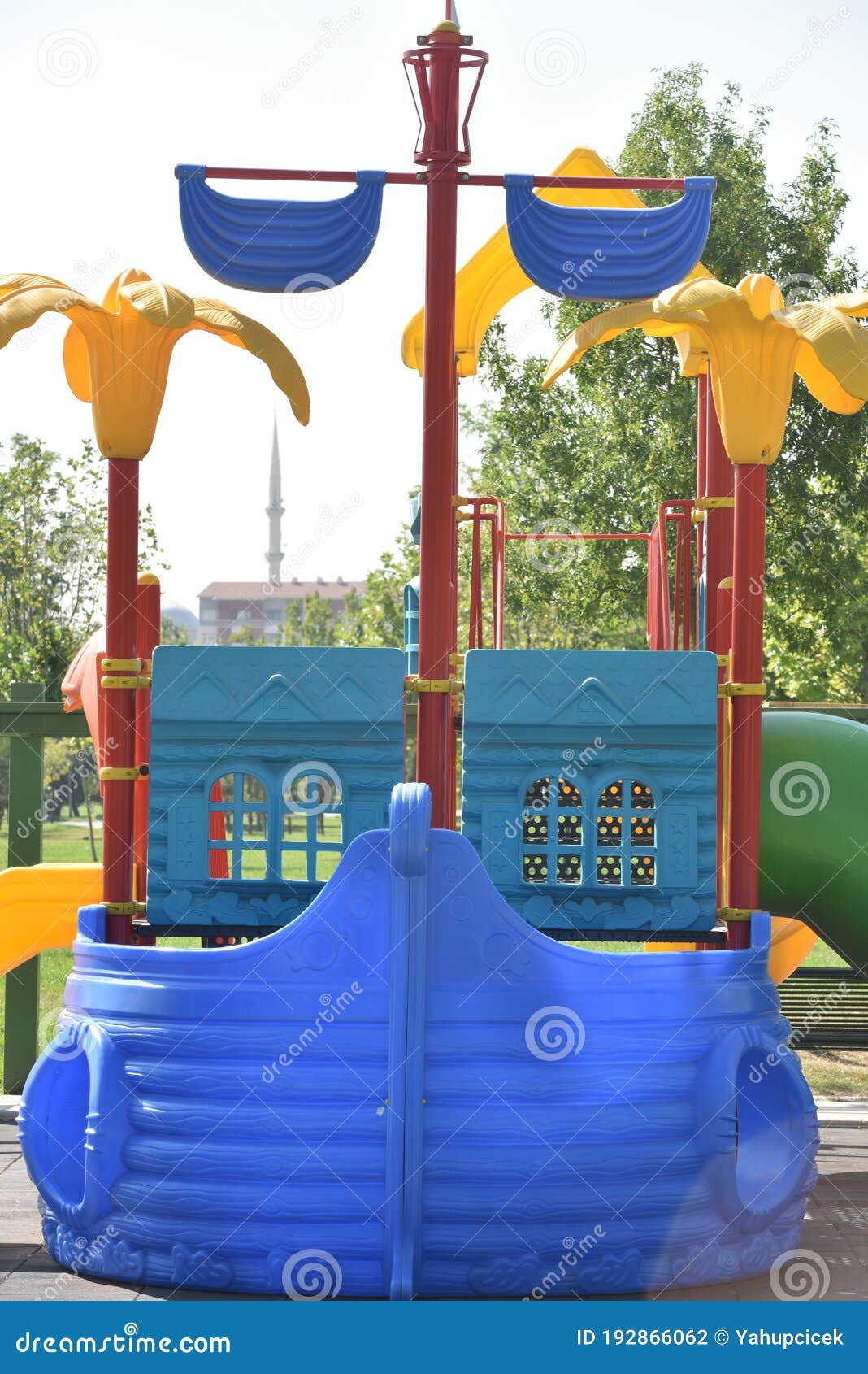 Blue Ship Playground in the Park. Stock Photo - Image of tree, ground ...