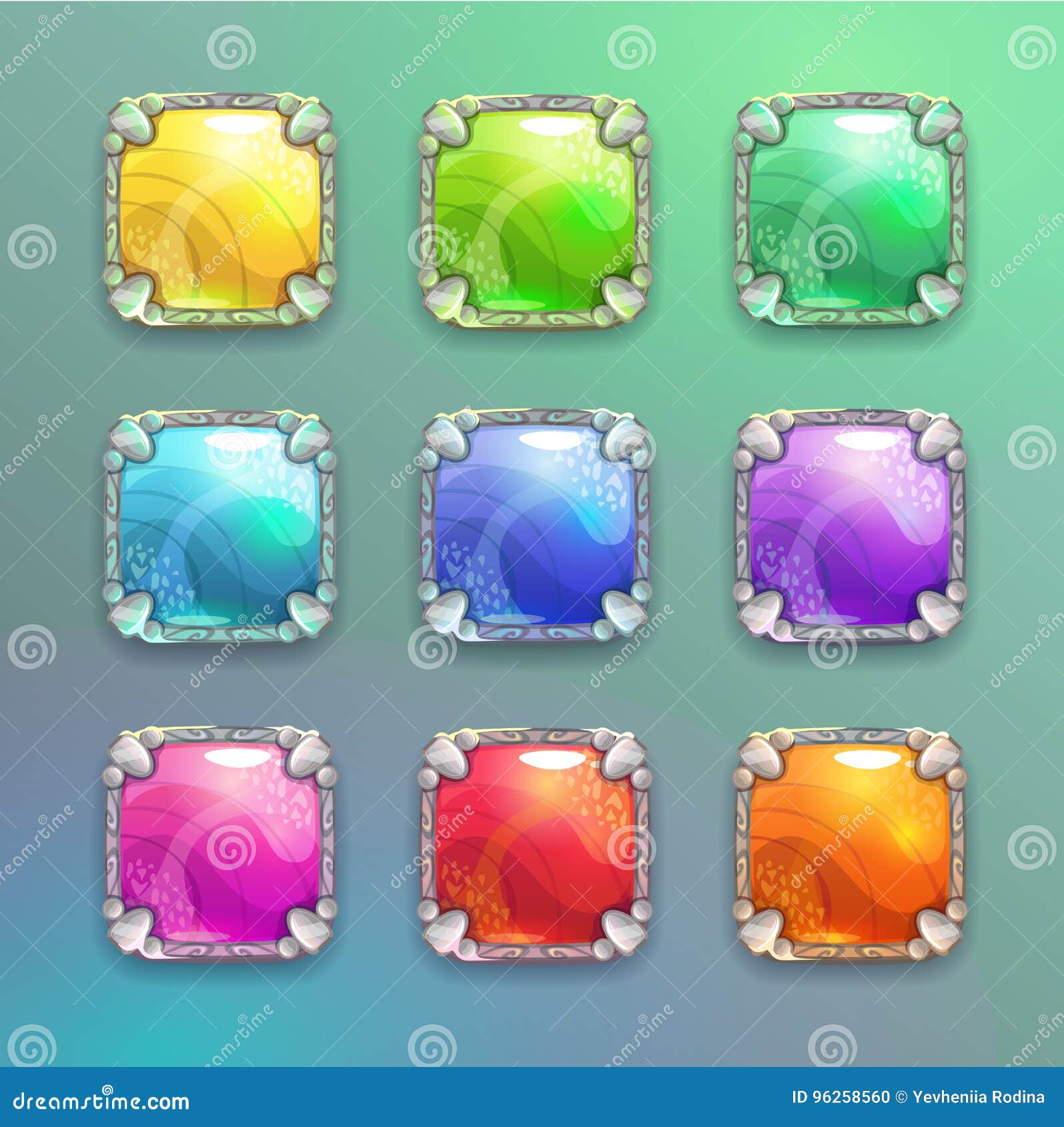 Beautiful Colorful Cartoon Crystal Square Buttons Set. Stock Vector ...
