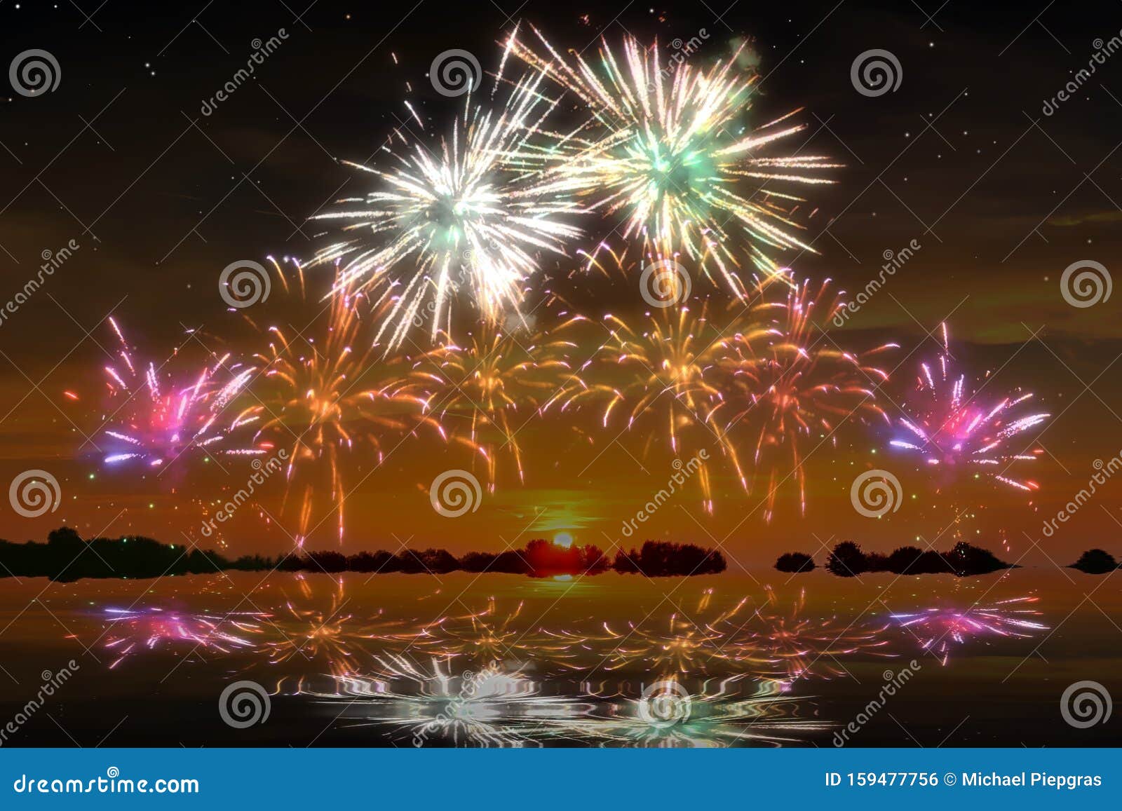 Beautiful Fireworks in Front of a Sunset at the Beach Stock Photo ...
