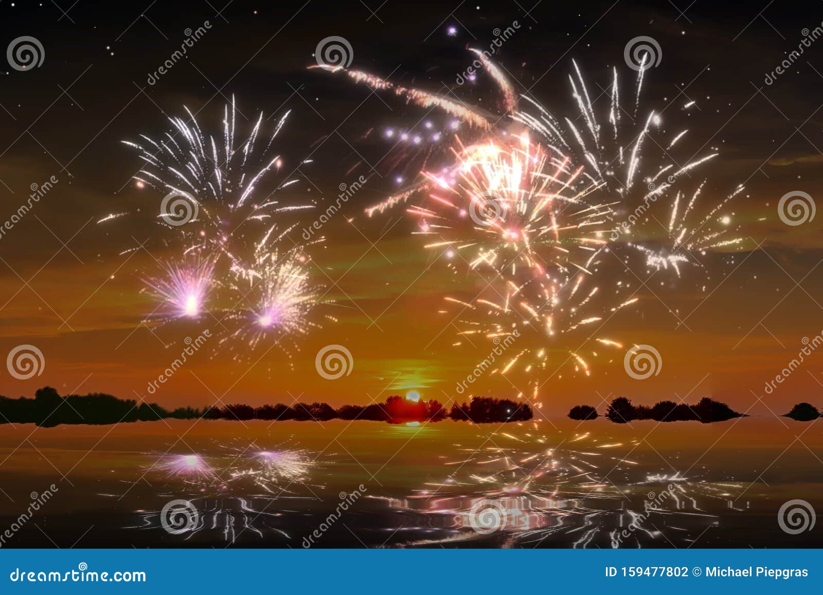 Beautiful Fireworks in Front of a Sunset at the Beach Stock Photo ...