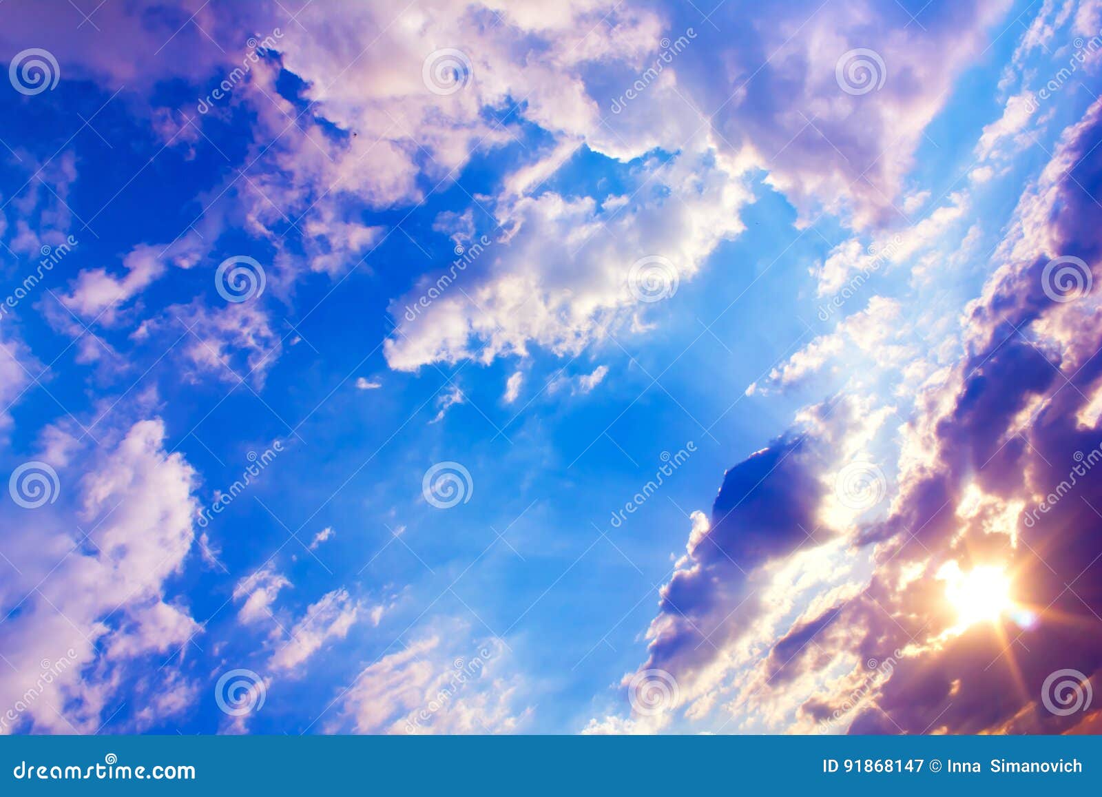 Beautiful Colorful Sunset with Sun Rays and Blue Sky with Clouds Stock ...