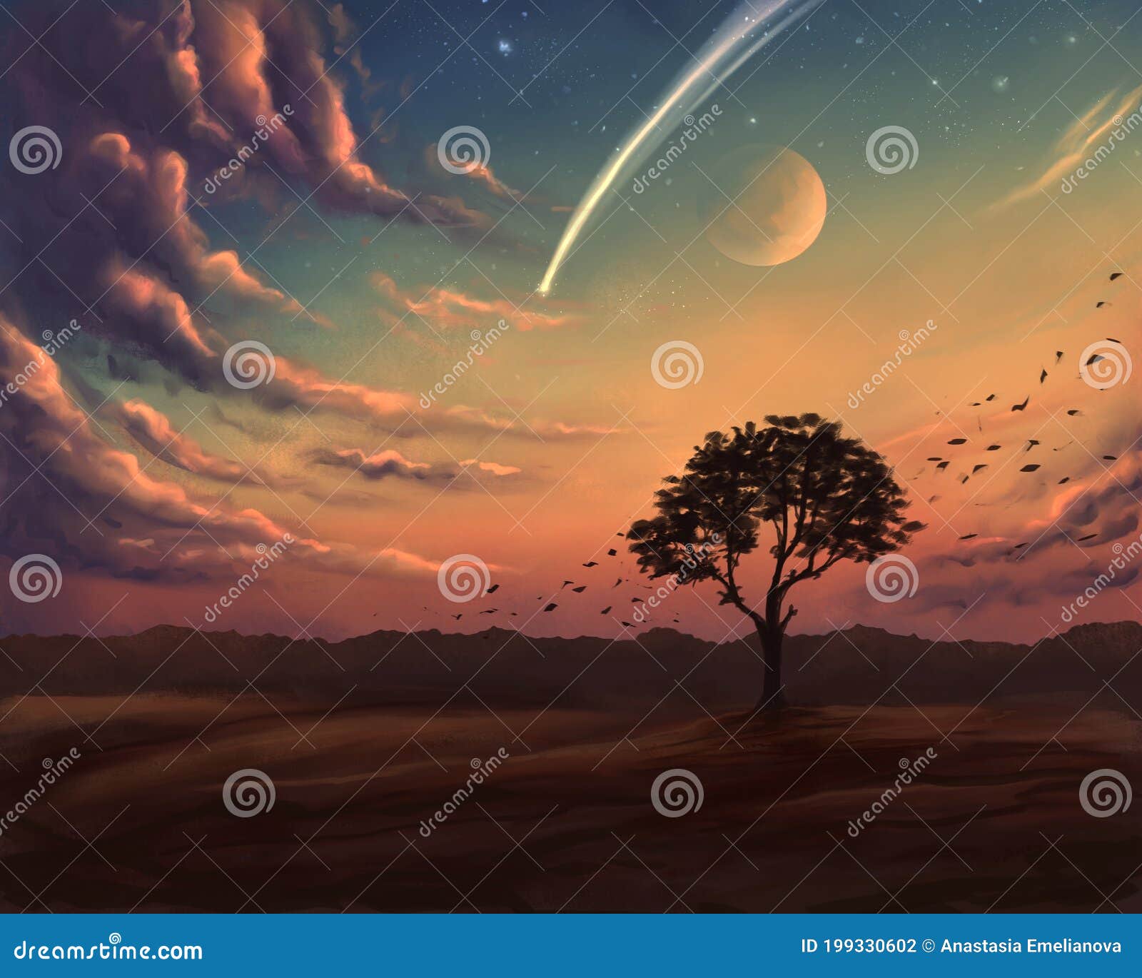 Beautiful Comet in Sunset Sky Stock Illustration - Illustration of ...