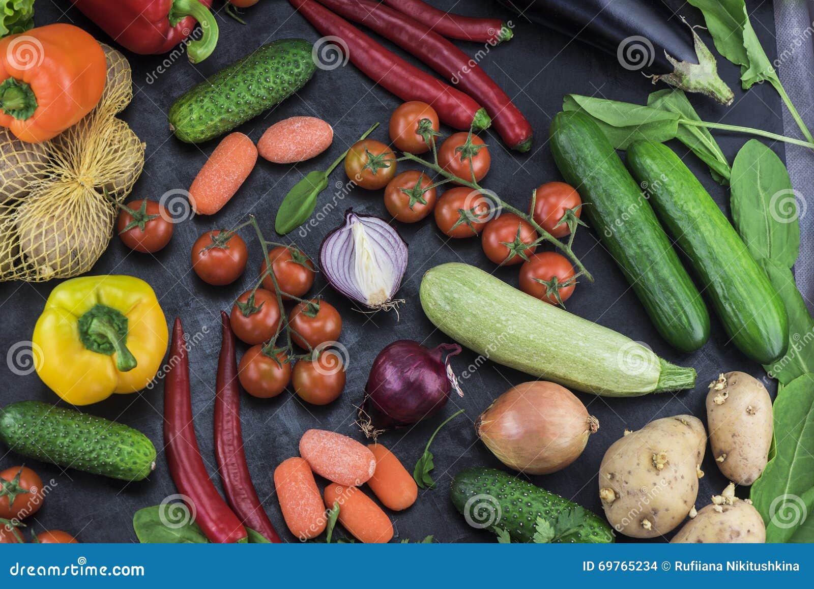 Beautiful Composition Of Different Vegetables, Neatly Laid Out On A ...