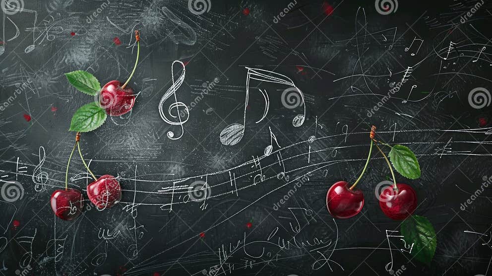 A Beautiful Composition Featuring Fresh Cherries and Musical Notes on a ...