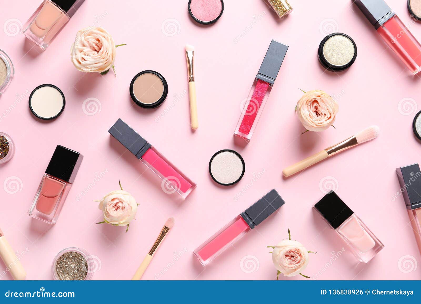 Beautiful Composition with Lipsticks and Flowers on Color Background ...
